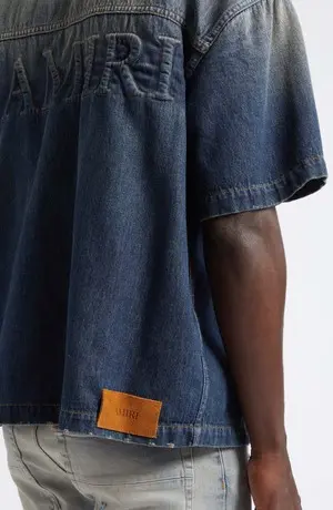 Amiri 3d Logo Short Sleeve Snap-up Denim Shirt - Sandstone