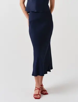 GHOST LONDON Lyra Crepe Midi Skirt - Navy