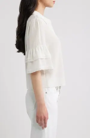 FRAME Lace Trim Ruffle Sleeve Silk Button-up Top