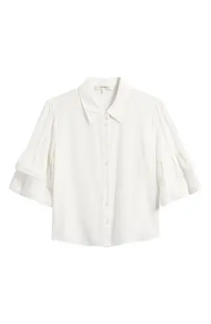 FRAME Lace Trim Ruffle Sleeve Silk Button-up Top