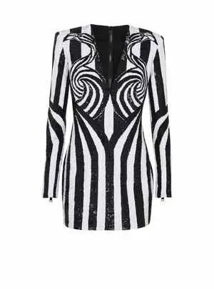 Balmain Ls Embroidered Stripe Short Dress - Black