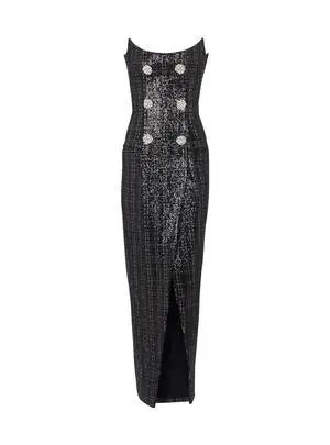 Balmain Strapless Long Tweed Dress With Glitter