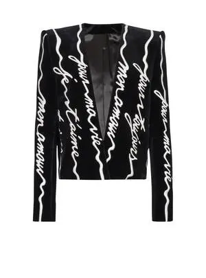 Balmain Cropped Velvet Jacket With All-over "love Letter" Embroidery - Black