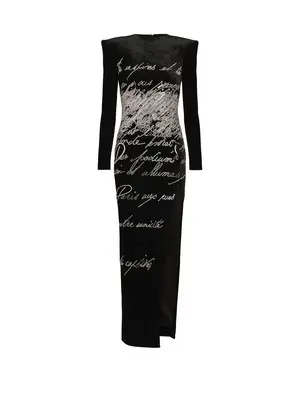 Balmain Long-sleeve Love Letter Embroidered Slit Maxi Dress - Black