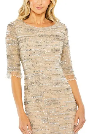 Mac Duggal Short Sleeve Beaded Evening Gown With Fringe And Slit