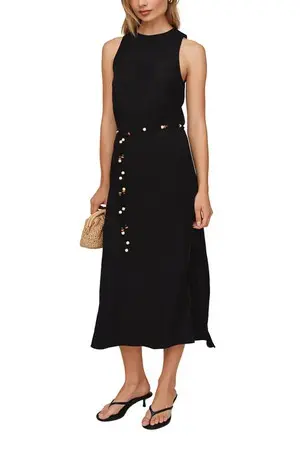 Bella Dahl Beaded Tie Belt Bias Cut Linen Blend Midi Dress - Black