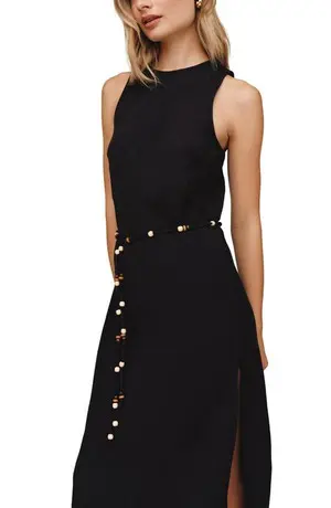 Bella Dahl Beaded Tie Belt Bias Cut Linen Blend Midi Dress