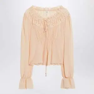 Chloé Silk Georgette Blouse With Lace Collar And Drawstring Front - Pink