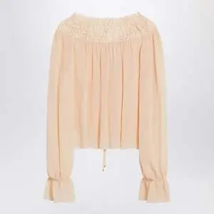 Chloé Silk Georgette Blouse With Lace Collar And Drawstring Front