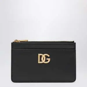 Dolce & Gabbana Leather Zip Card Holder With Dg Logo - Black