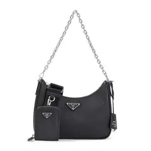 Prada Saffiano Leather Shoulder Bag With Chain Strap And Detachable Pouch - Black