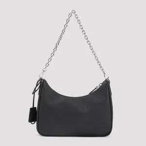Prada Saffiano Leather Shoulder Bag With Chain Strap And Detachable Pouch - Black