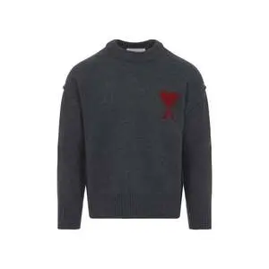 AMI Paris Wool Crewneck Sweater With Red Logo Inlay - Gray