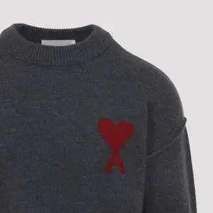 AMI Paris Wool Crewneck Sweater With Red Logo Inlay - Gray