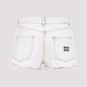 Miu Miu Bleached Cotton Denim Shorts With Raw Edge Hem - White