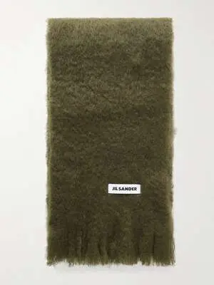 JIL SANDER Fringed Mohair And Wool-bend Scarf Dark Green