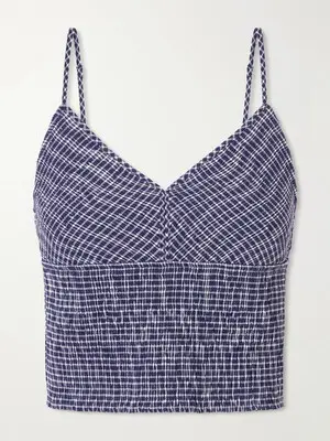 LA LIGNE Anora Smocked Striped Stretch-knit Cotton-blend Top - Blue