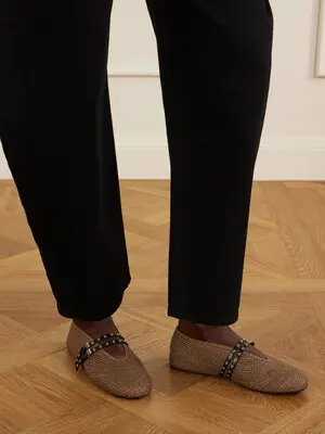 Alaïa Raffia Ballet Flats With Leather Straps
