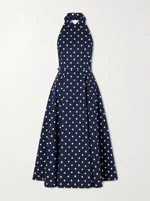 Carolina Herrera Belted Halter-neck Polka-dot Cotton-blend Twill Midi Dress - Blue