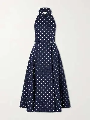 Carolina Herrera Belted Halter-neck Polka-dot Cotton-blend Twill Midi Dress - Navy