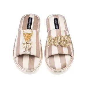 LAINES LONDON Laines London Striped Flatform Slippers With Brooch Embellishments Brown