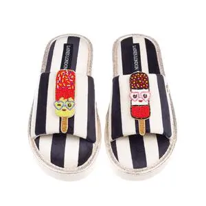 LAINES LONDON Flatform Stripe Open Toe Slippers With Ice Lolly Brooches - Black/white