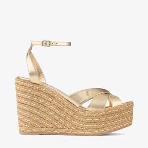 JIMMY CHOO Gold Metallic Nappa Leather Korra 100 Wedge Sandals - Silver