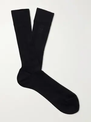 TOM FORD Logo Embroidered Ribbed Cotton Socks - Black