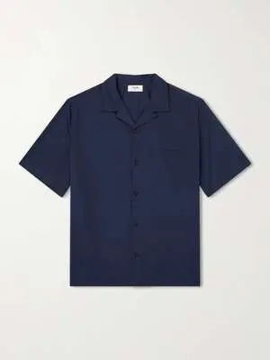 Celine Camp-collar Triomphe-embroidered Cotton-poplin Shirt - Navy