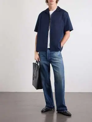 Celine Camp-collar Triomphe-embroidered Cotton-poplin Shirt - Navy