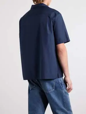 Celine Camp-collar Triomphe-embroidered Cotton-poplin Shirt - Navy