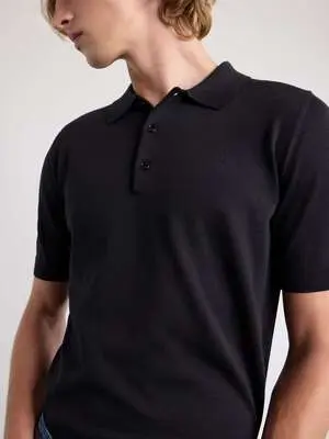 Celine Triomphe-embroidered Knitted Silk And Cotton-blend Polo Shirt
