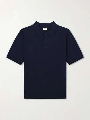 Celine Triomphe-embroidered Knitted Silk And Cotton-blend Polo Shirt - Navy