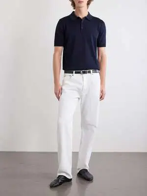 Celine Triomphe-embroidered Knitted Silk And Cotton-blend Polo Shirt