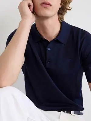 Celine Triomphe-embroidered Knitted Silk And Cotton-blend Polo Shirt