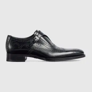 Gucci Leather Monk Strap Shoes With Gg Perforations - Black