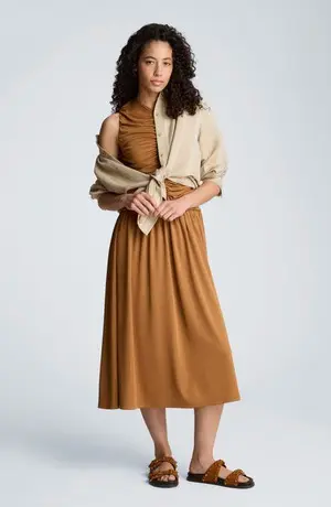KENNETH COLE Sleeveless Ruched A-line Midi Dress - Soft Cocoa