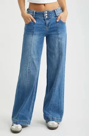 YMI Bella Triple Button Low Rise Wide Leg Jeans - Medium Blue
