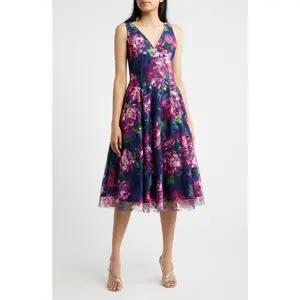 Eliza J Floral Print Sleeveless V-neck Cocktail Dress - Navy Multi