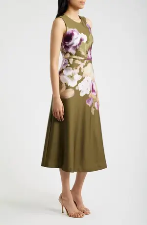 Anne Klein Sleeveless Floral Print Satin Midi Dress