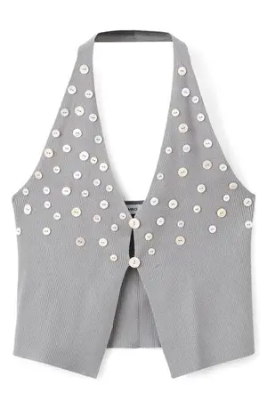 Mango Button Embellished Plunge Neck Halter Tank - Medium Heather Grey