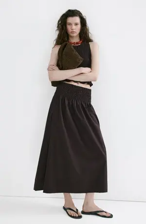 Mango Shirred Waist Midi Skirt - Chocolate