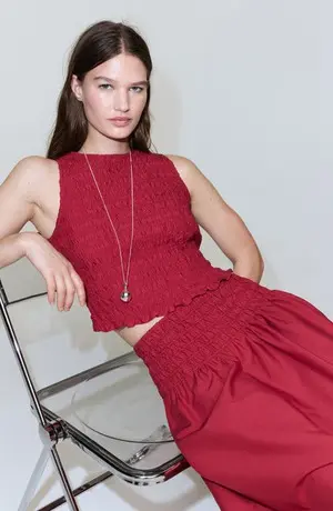 Mango Shirred Waist Midi Skirt