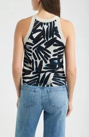 NIC+ZOE Sleeveless Jewel Neck Palm Print Sweater Tank With Metallic Accents