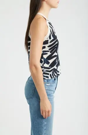NIC+ZOE Sleeveless Jewel Neck Palm Print Sweater Tank With Metallic Accents