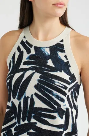NIC+ZOE Sleeveless Jewel Neck Palm Print Sweater Tank With Metallic Accents