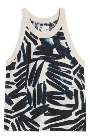 NIC+ZOE Sleeveless Jewel Neck Palm Print Sweater Tank With Metallic Accents