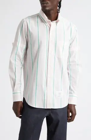 Thom Browne Straight Fit Stripe Cotton Button-down Shirt - Light Pink