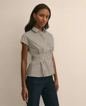 Brooks Brothers Cotton Sateen Stripe Peplum Shirt - Black