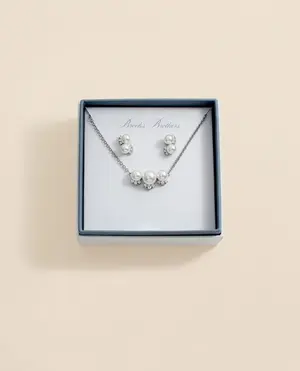 Brooks Brothers Faux Pearl And Cubic Zirconia Cluster Necklace And Earrings Set - Silver
